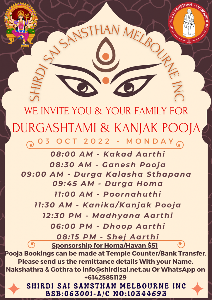 DURGASHTAMI & KANJAK POOJA - Shirdi Sai Sansthan Melbourne Inc